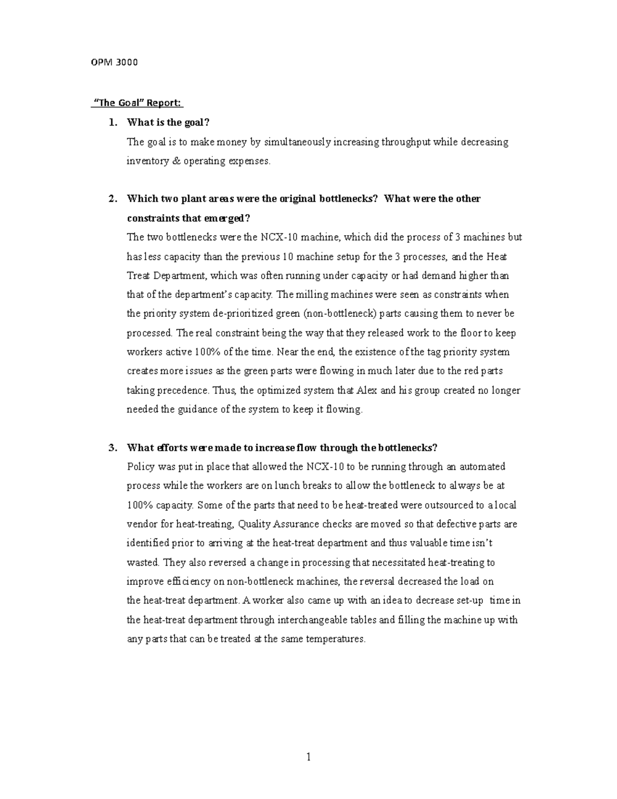 The Goal Book Report - OPM 3000 “The Goal” Report: 1. What is the goal ...