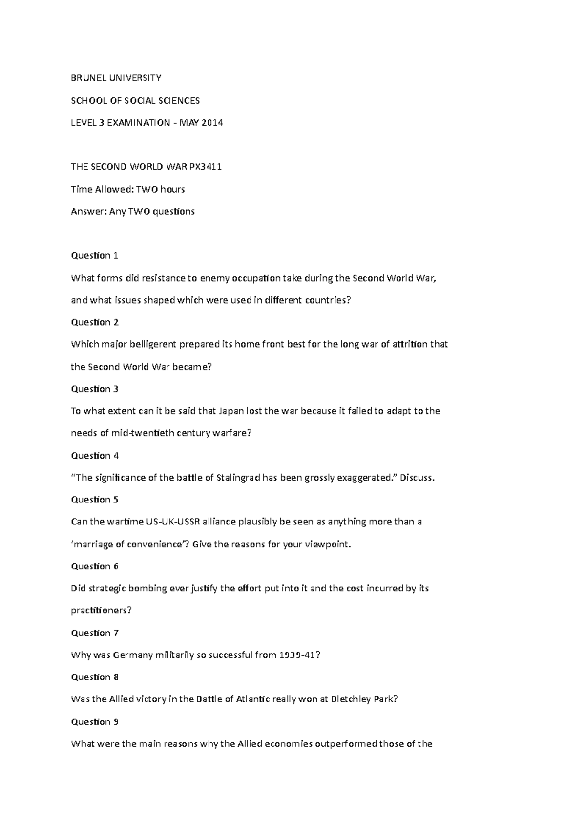 Exam 2014 The Second World War - BRUNEL UNIVERSITY SCHOOL OF SOCIAL ...