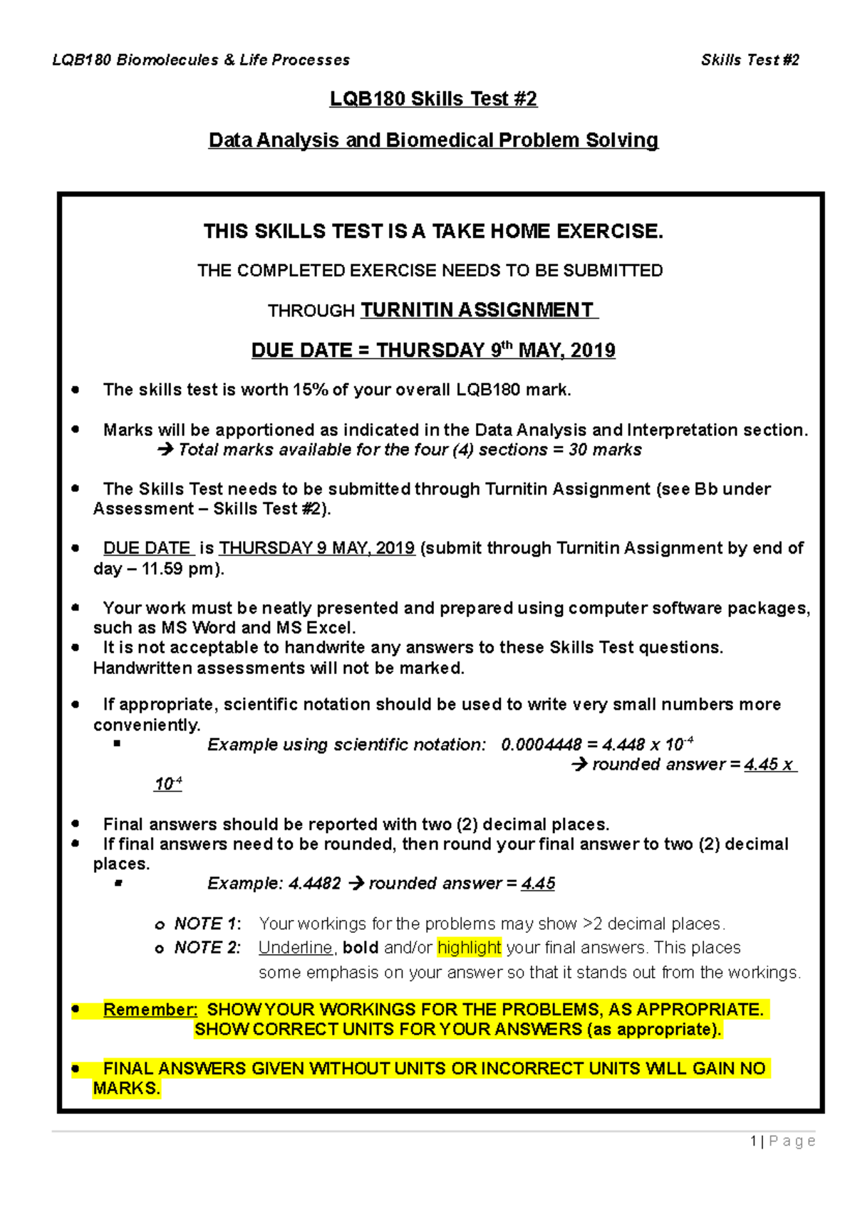 LQB180 Skills Test 2 - LQB180 Skills Test Data Analysis and Biomedical ...