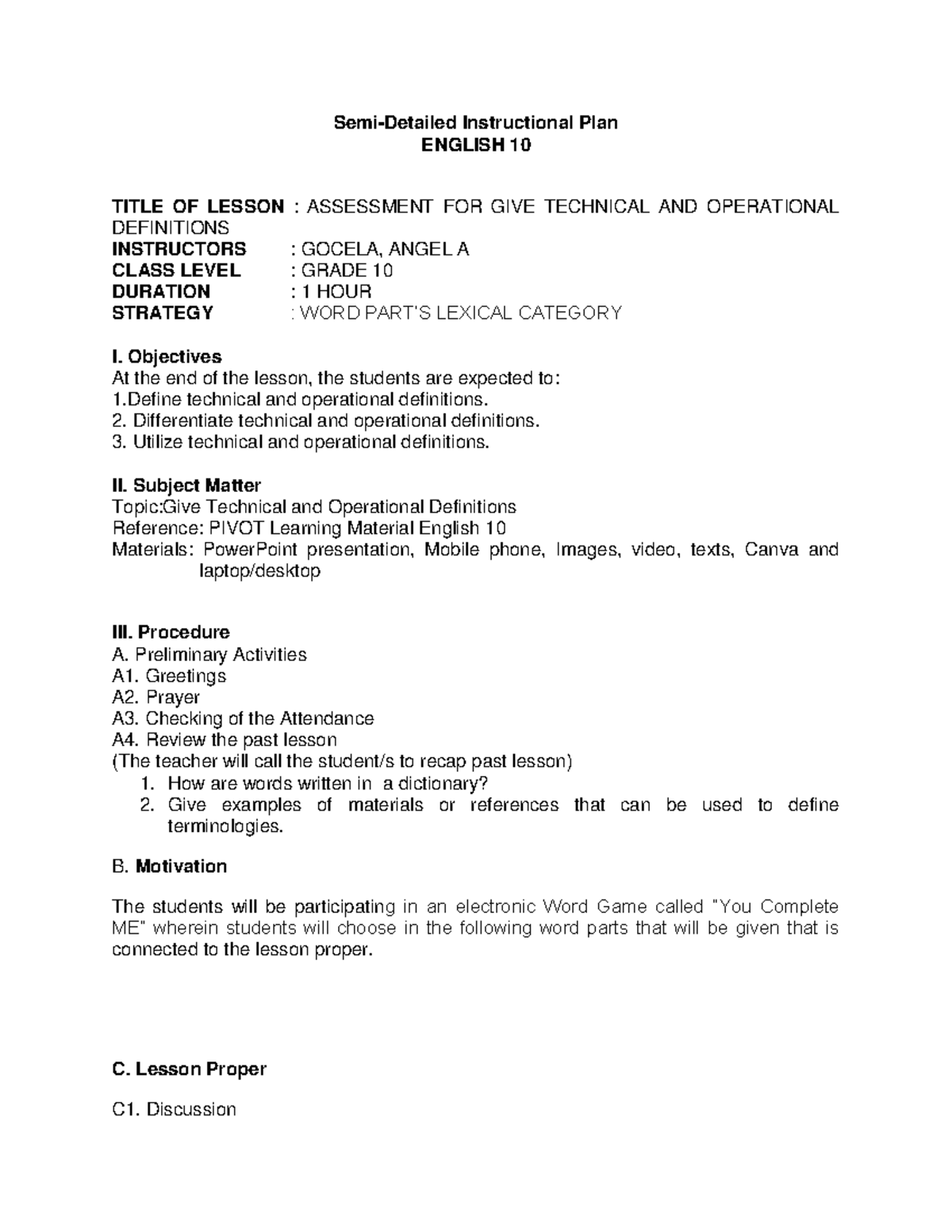 Semi-detailed Lesson Plan - Assessment FOR GIVE Technical AND ...