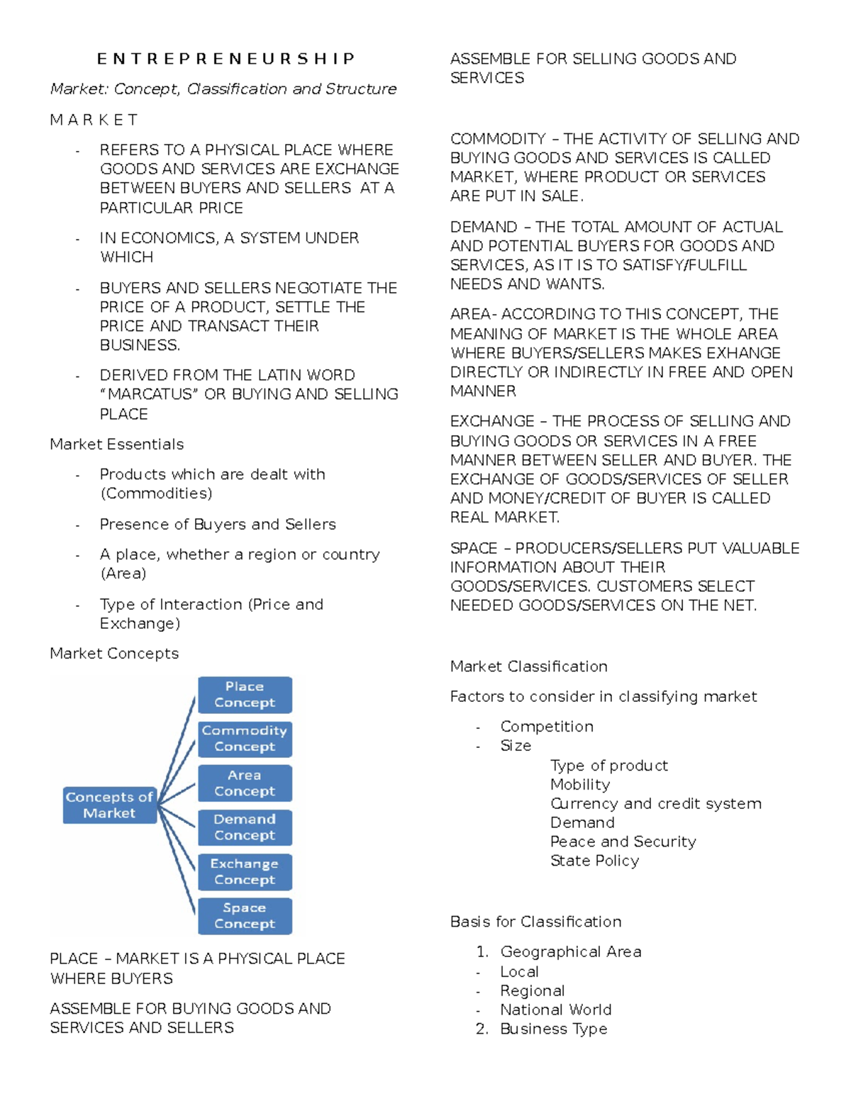 Entrepreneurship Notes - E N T R E P R E N E U R S H I P Market ...