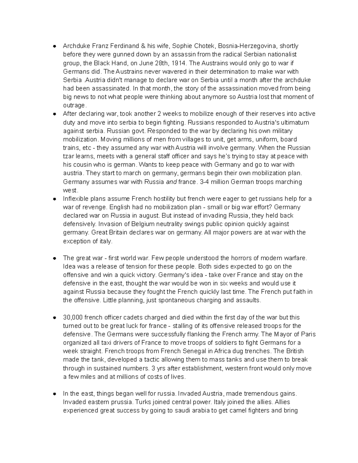 HIST 1100 Notes Alliances and the Outbreak of World War I - Archduke ...