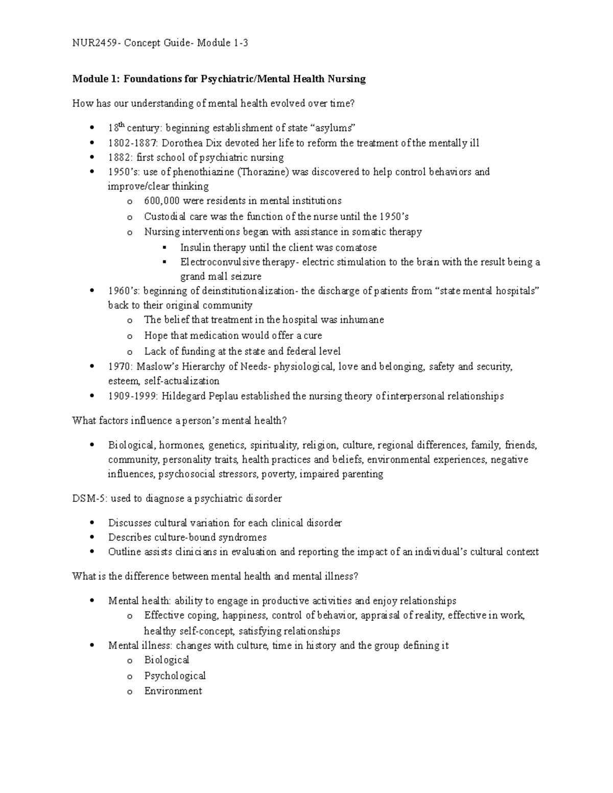 Exam 1 Study Guide - Module 1: Foundations for Psychiatric/Mental ...