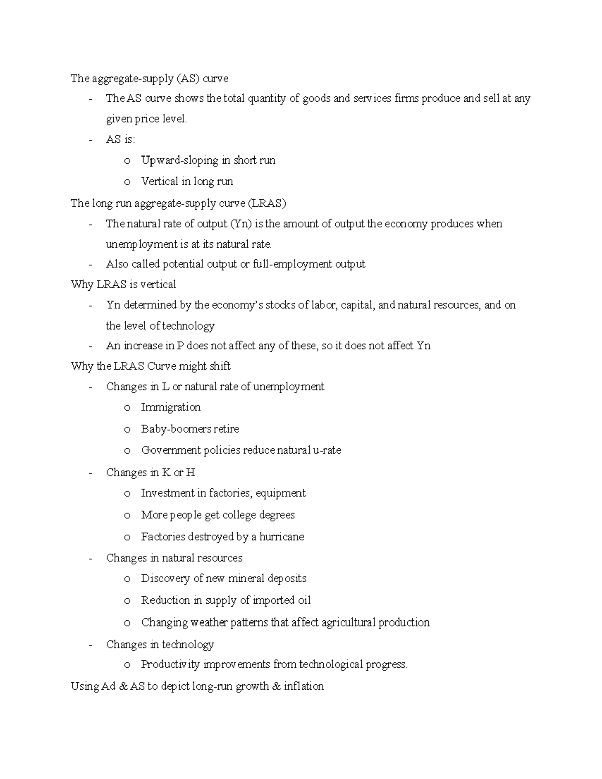 The aggregate-supply (AS) curve - AS is: o Upward-sloping in short run ...