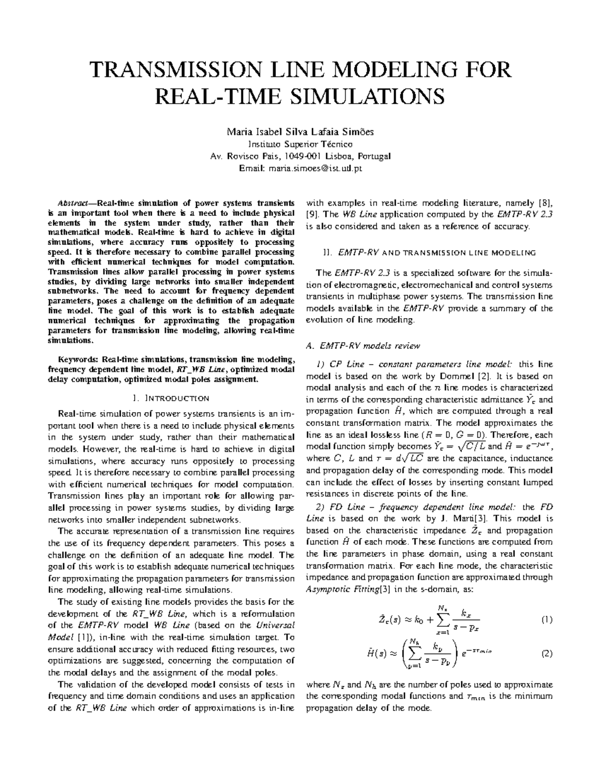 Article - TRANSMISSION LINE MODELING FOR REAL-TIME SIMULATIONS Maria Isabel Silva Lafaia Simões ...