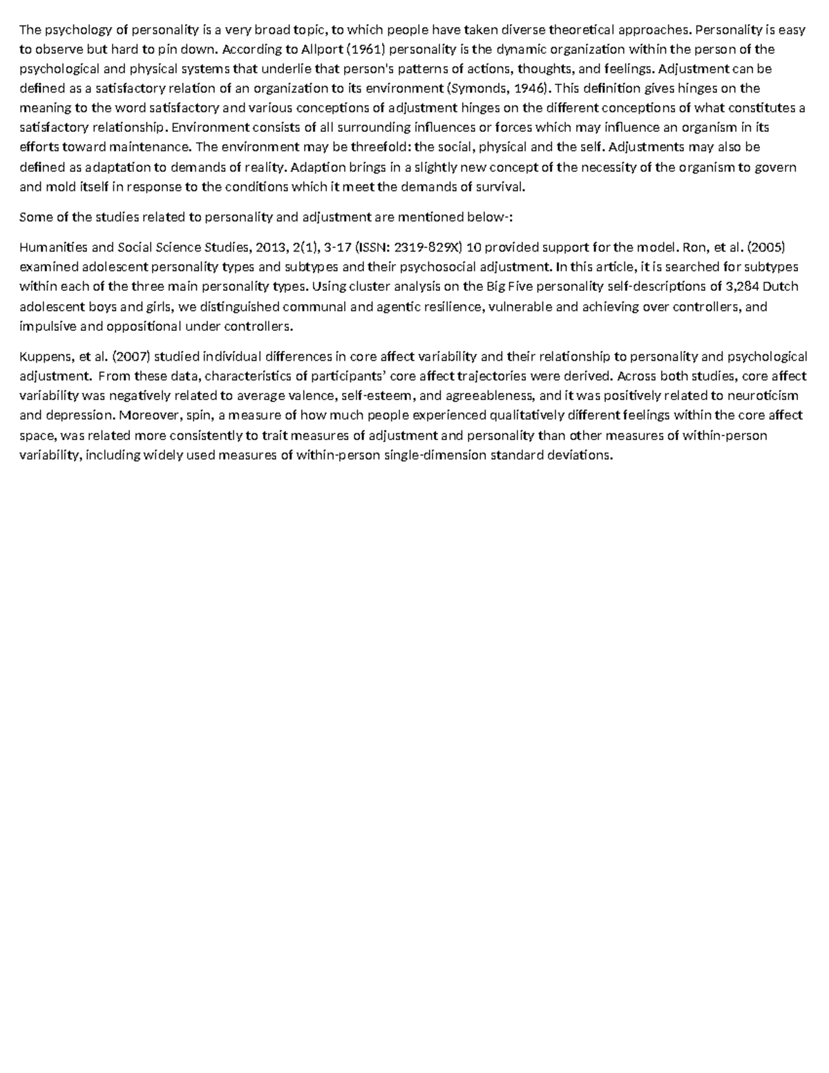 Personality Adjustment - The psychology of personality is a very broad ...