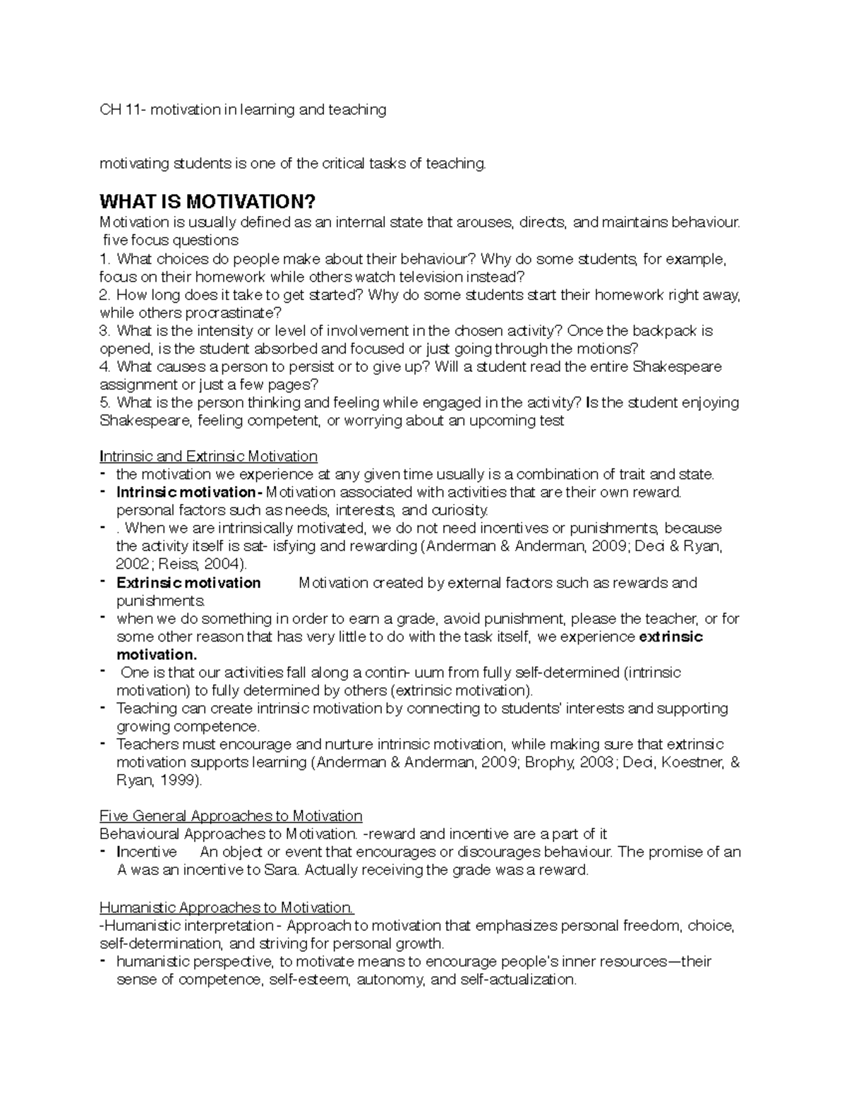 Ch 11 - notes from reading - CH 11- motivation in learning and teaching ...