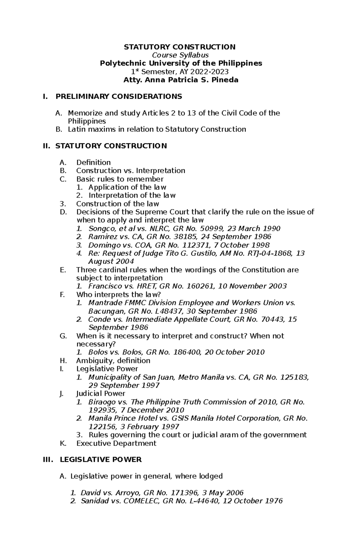 Stat Con Syllabus - STATUTORY CONSTRUCTION Course Syllabus Polytechnic ...