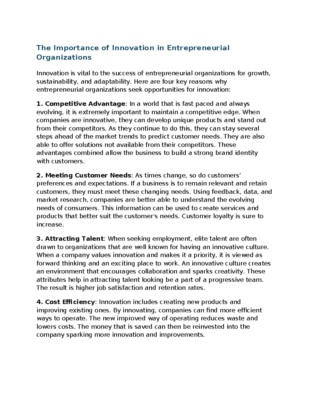 AVM1 Task 3 Passed - The Importance of Innovation in Entrepreneurial Organizations Innovation is ...
