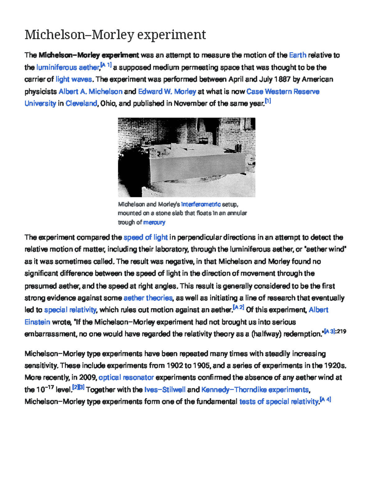 Michelson–Morley experiment - Wikipedia - Michelson–Morley experiment ...