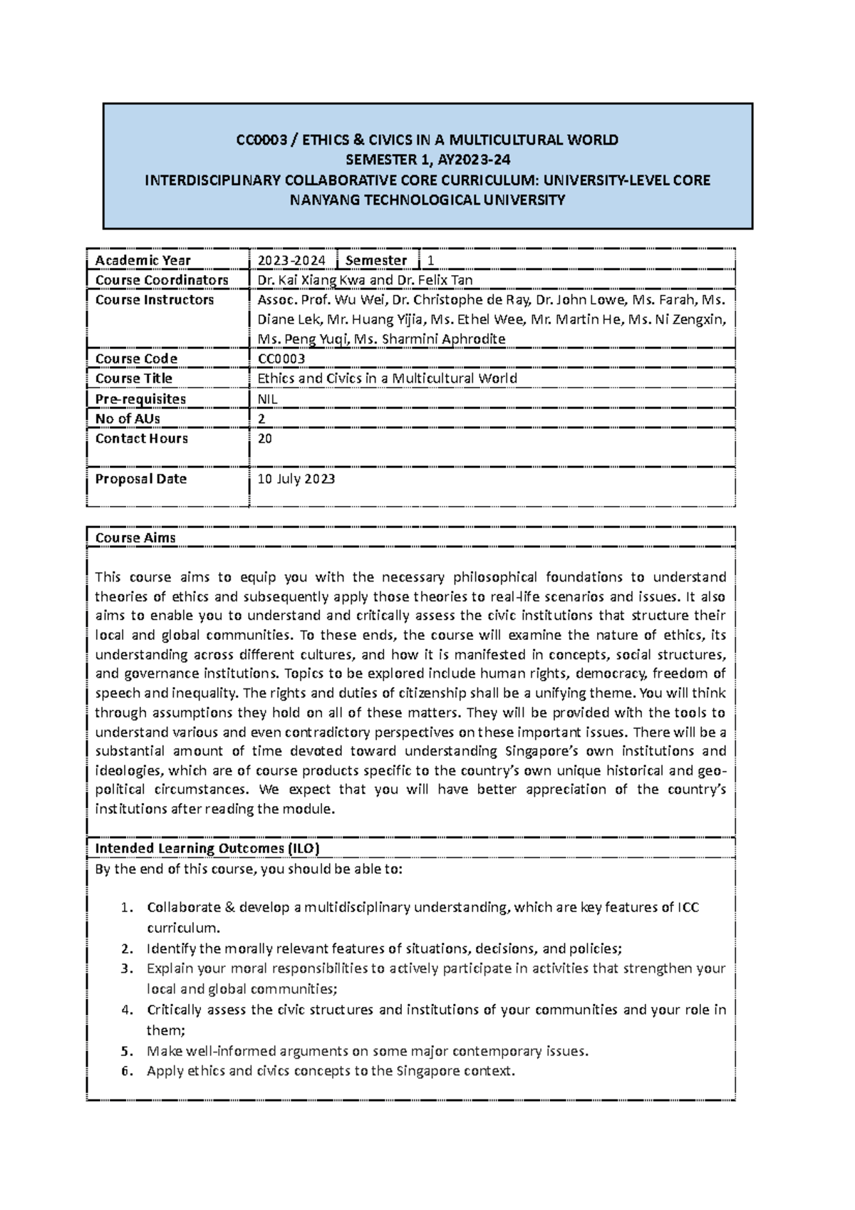 CC0003 For AY23 24 Sem 1 Course Outline Final - Academic Year 2023-2024 ...