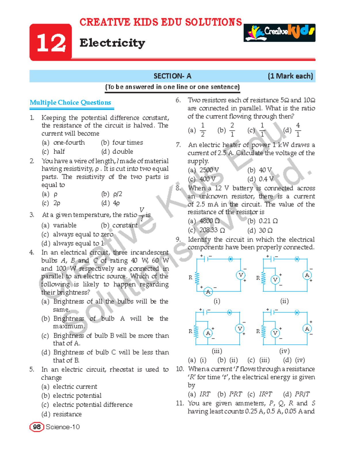 Electricity Worksheet - Multiple Choice Questions Keeping the potential ...