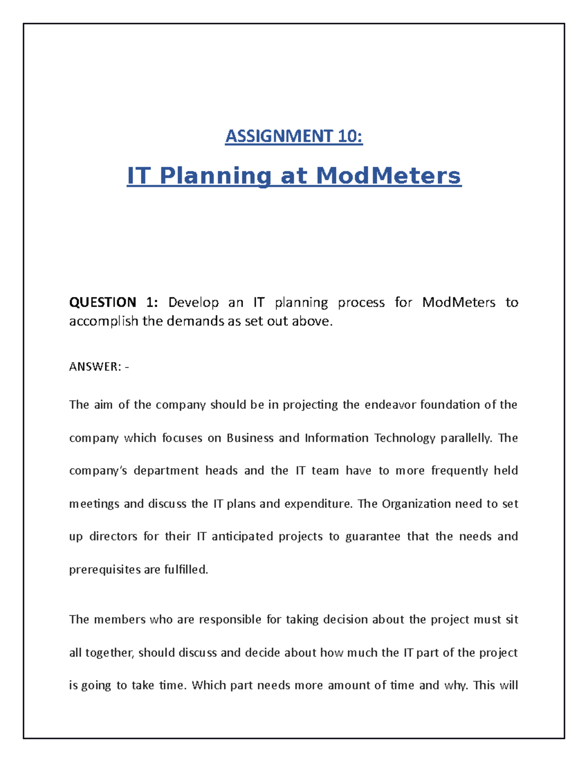 Assignment (Ch 10) - Strategic Information System Planning - ASSIGNMENT ...