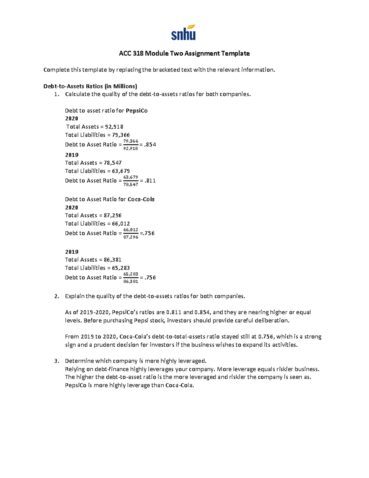ACC 318 Module Two Assignment - Debt-to-Assets Ratios (in Millions) 1 ...