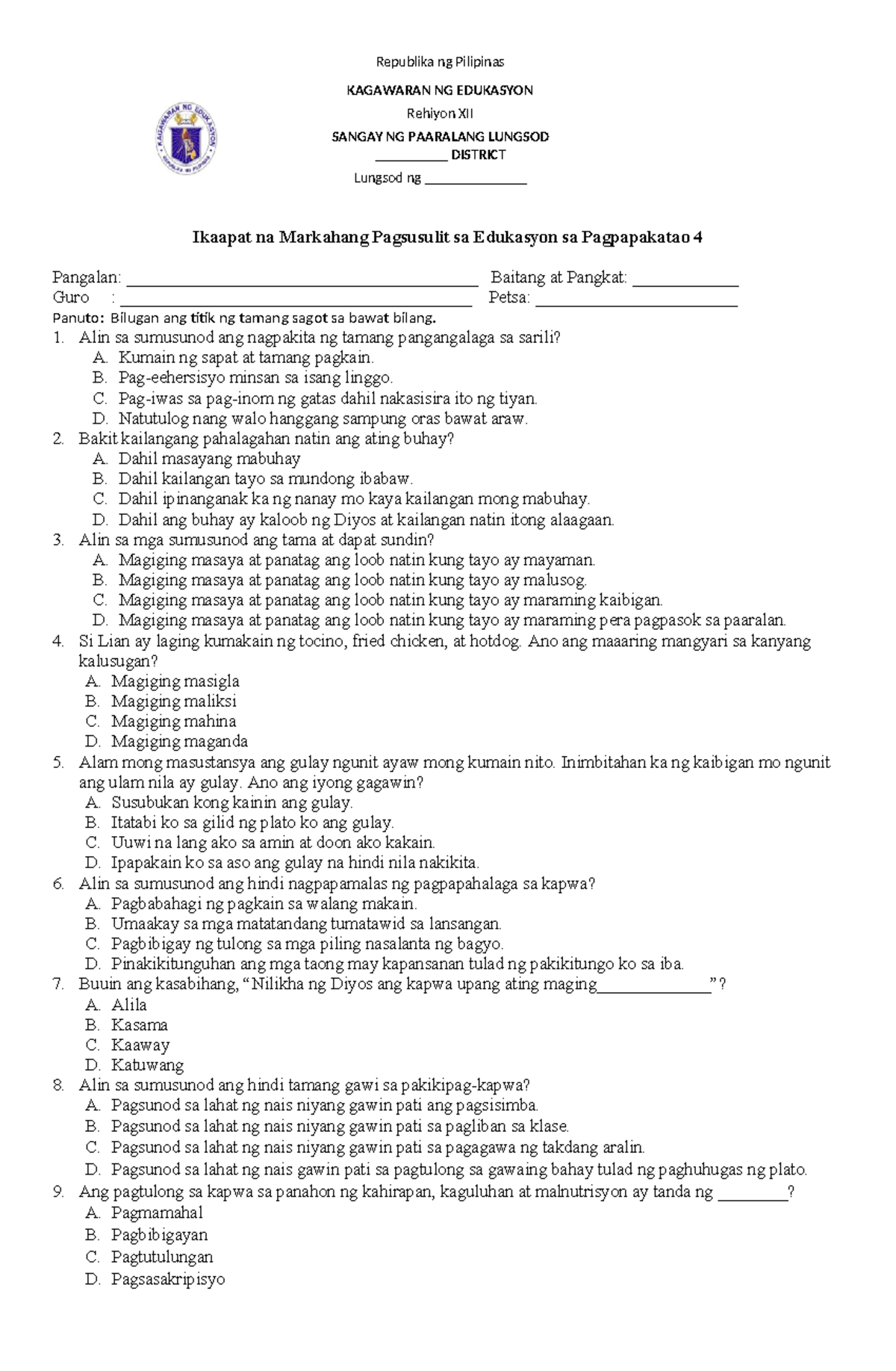 PT ESP 4 - Q4 V1 - 4th Quarter Exam - Republika ng Pilipinas KAGAWARAN NG EDUKASYON Rehiyon XII ...