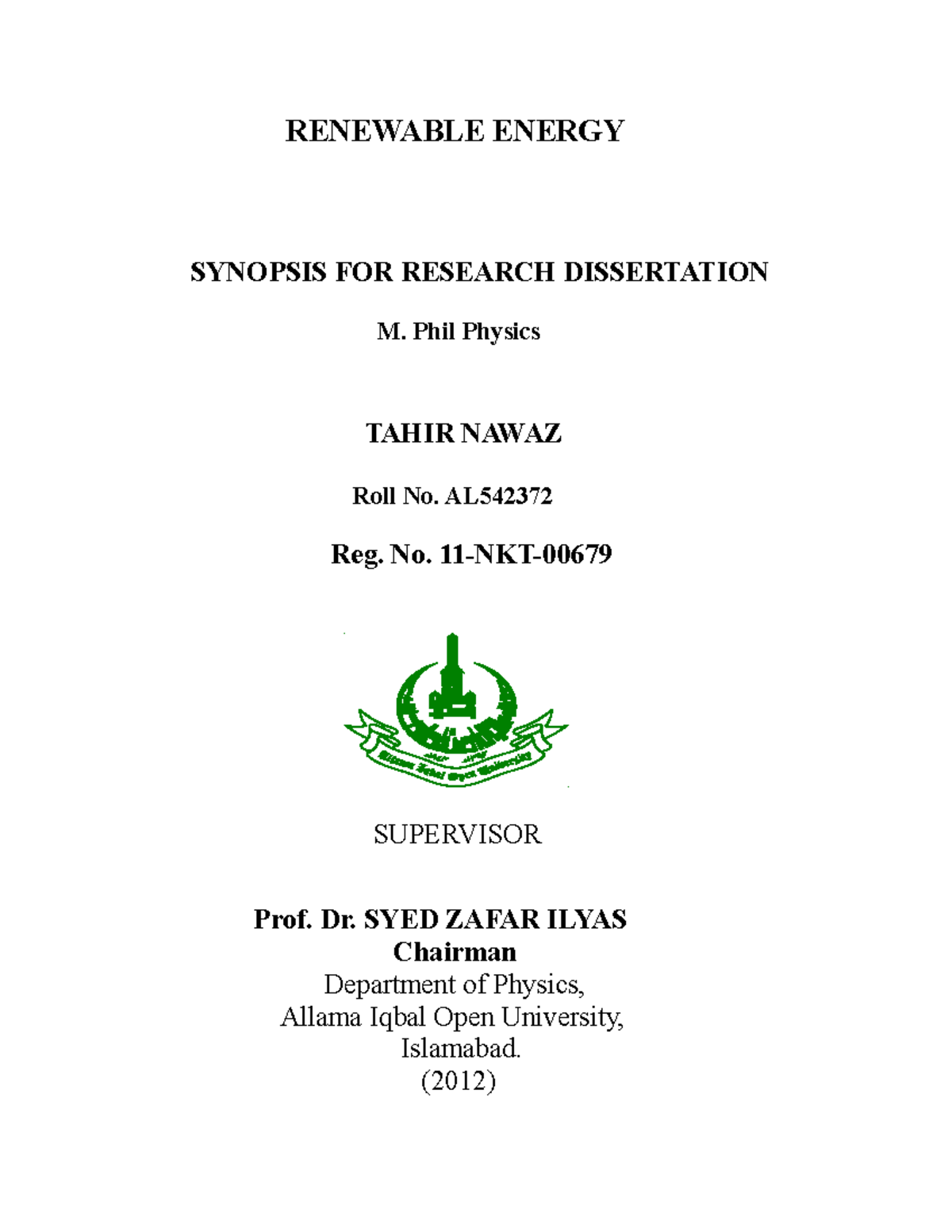 Synopsis format - easy - RENEWABLE ENERGY SYNOPSIS FOR RESEARCH ...