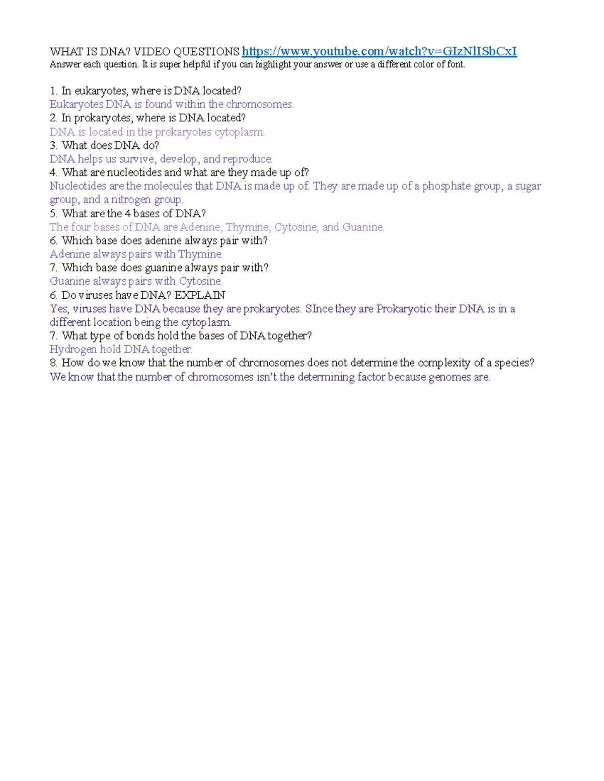 WHAT IS DNA video questions - WHAT IS DNA? VIDEO QUESTIONS youtube ...