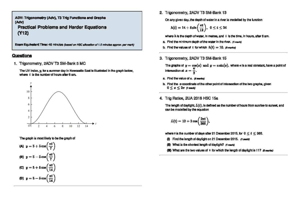 Trig Functions and Graphs HSC Questions 2 - Studocu
