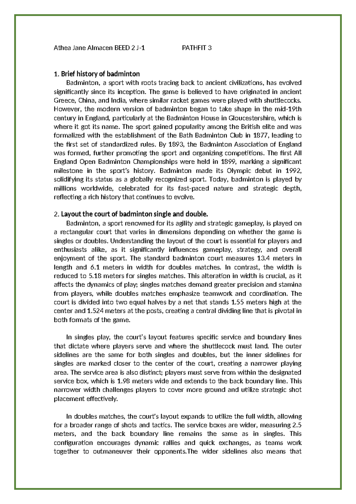 Pathfit 3 - Essay of History Badminton - Athea Jane Almacen BEED 2 J-1 ...