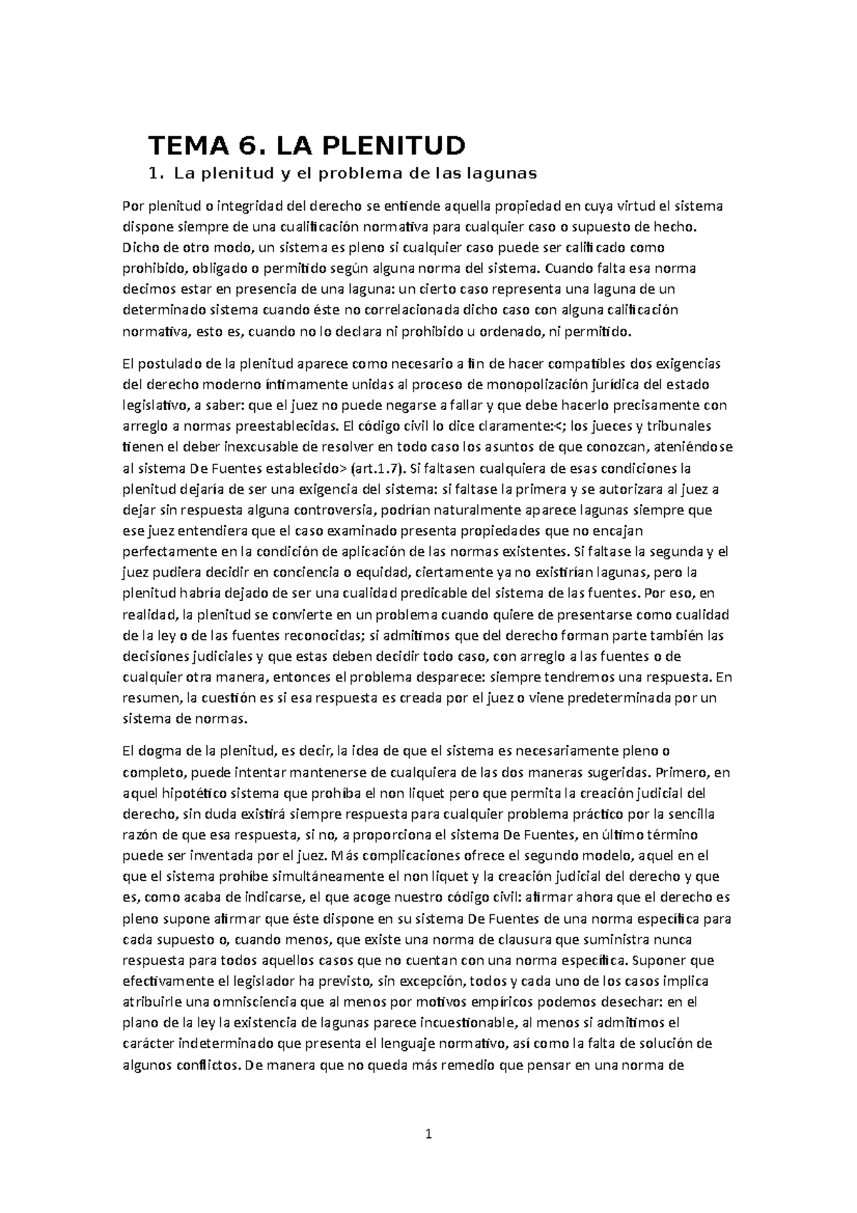 La plenitud - Resumen Apuntes de Teoría del Derecho - TEMA 6. LA ...