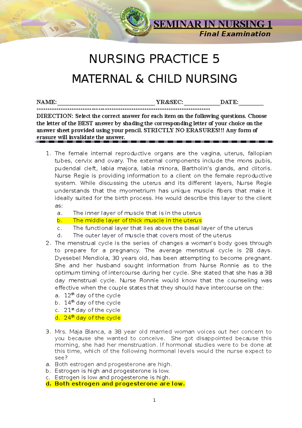 Mcn finals 22 ratio - Good - Final Examination NURSING PRACTICE 5 ...