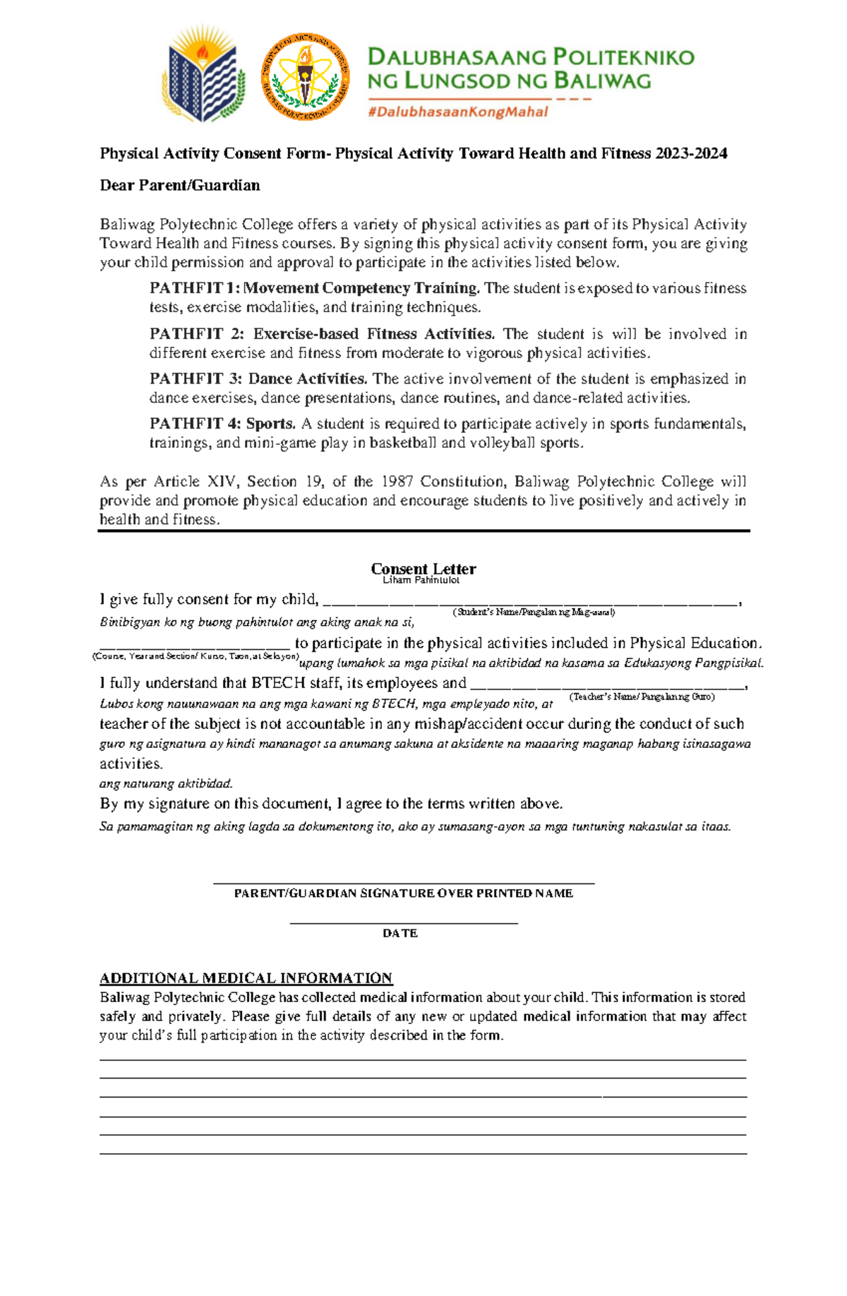 Physical Activity Consent FORM - (Student’s Name/Pangalan ng Mag-aaral ...