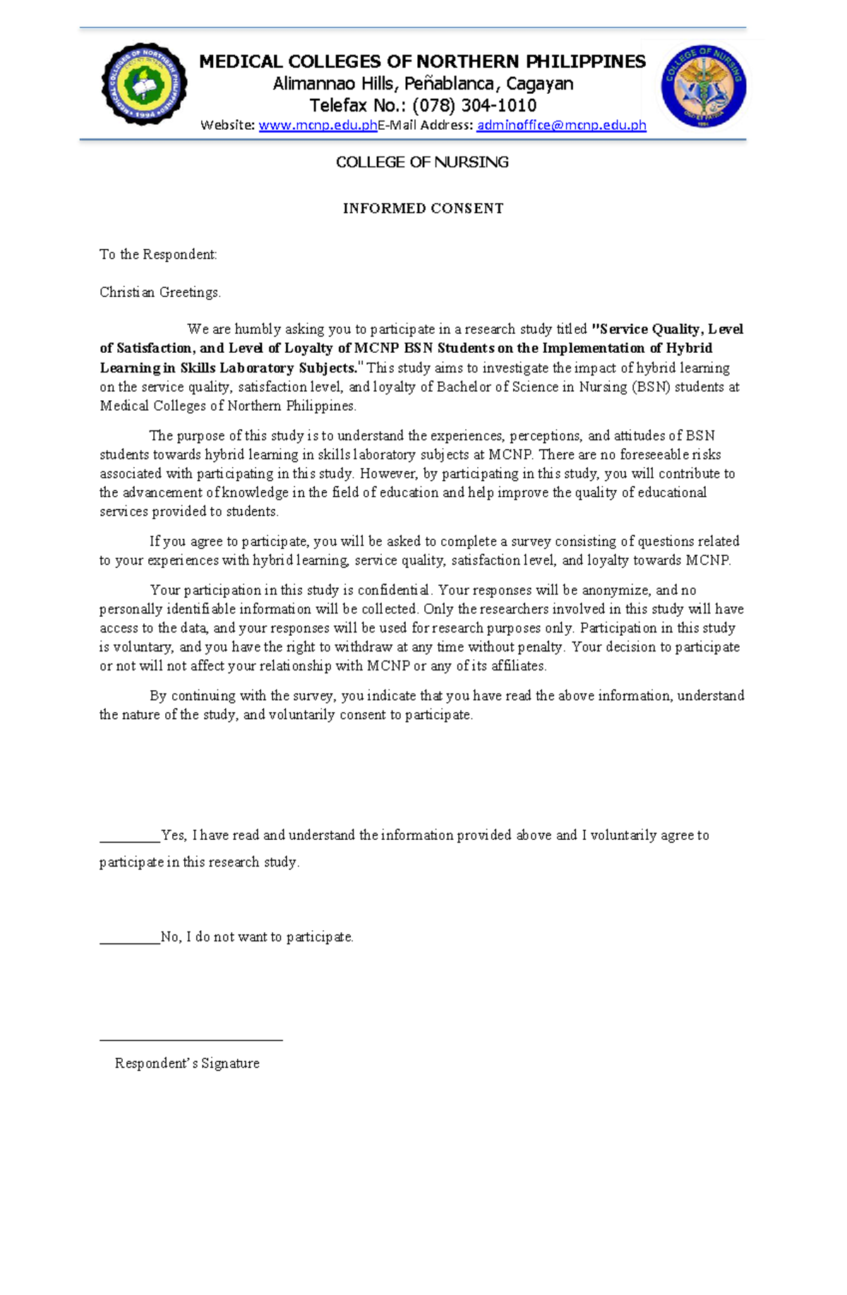 Final Informedconsent - MEDICAL COLLEGES OF NORTHERN PHILIPPINES ...