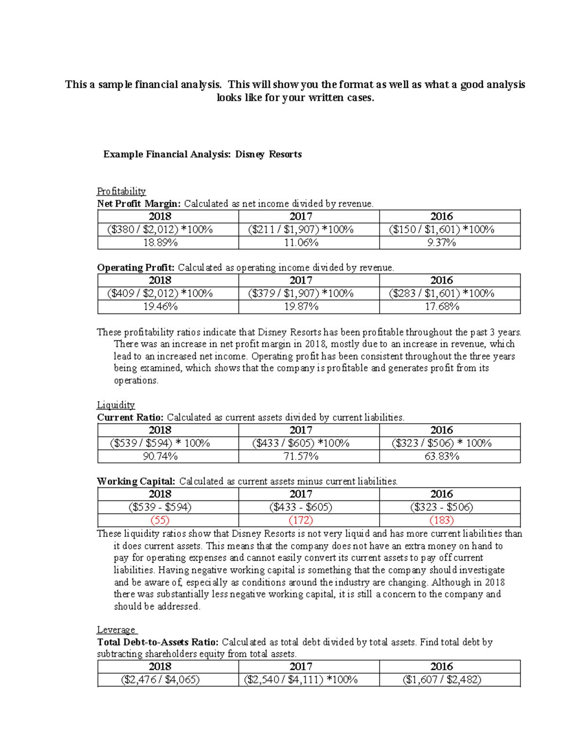 Sample Financials - homework - This a sample financial analysis. This ...
