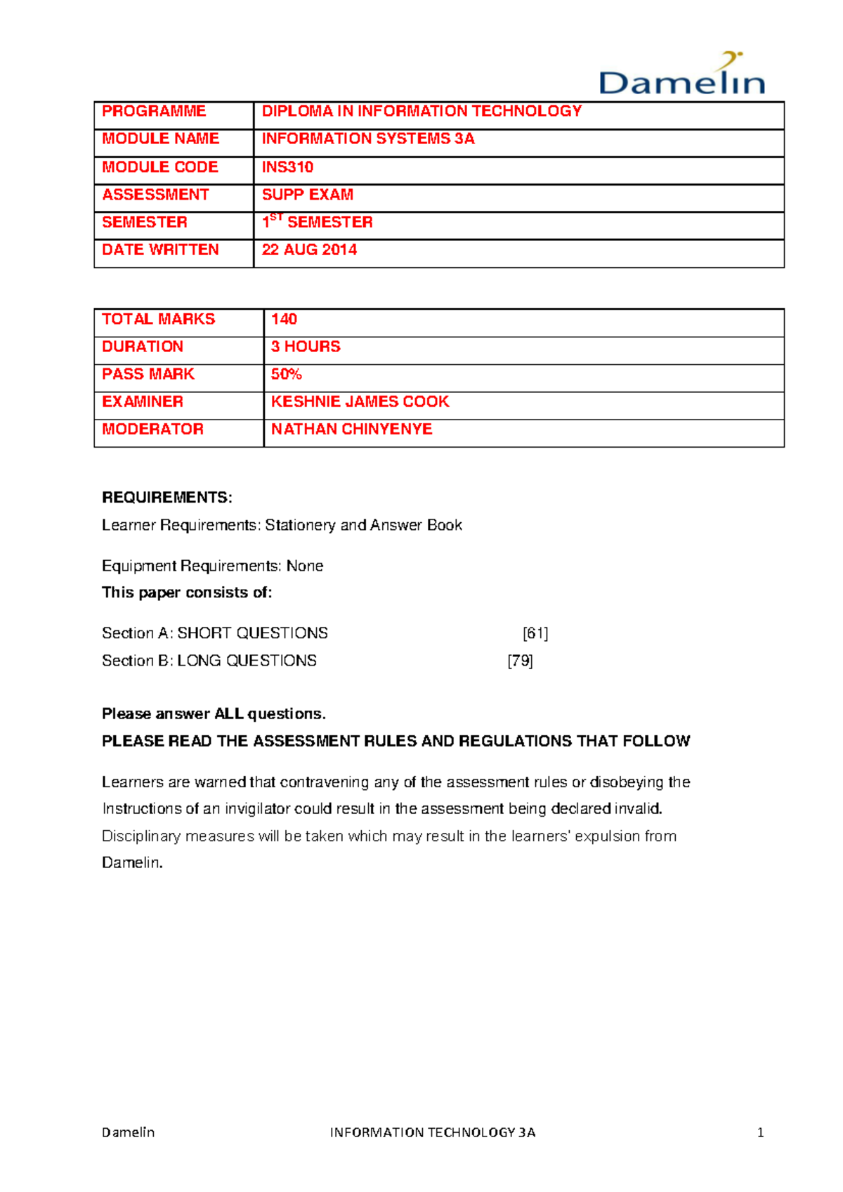 Information Systems 3A Supp Exam Memo - PROGRAMME DIPLOMA IN ...