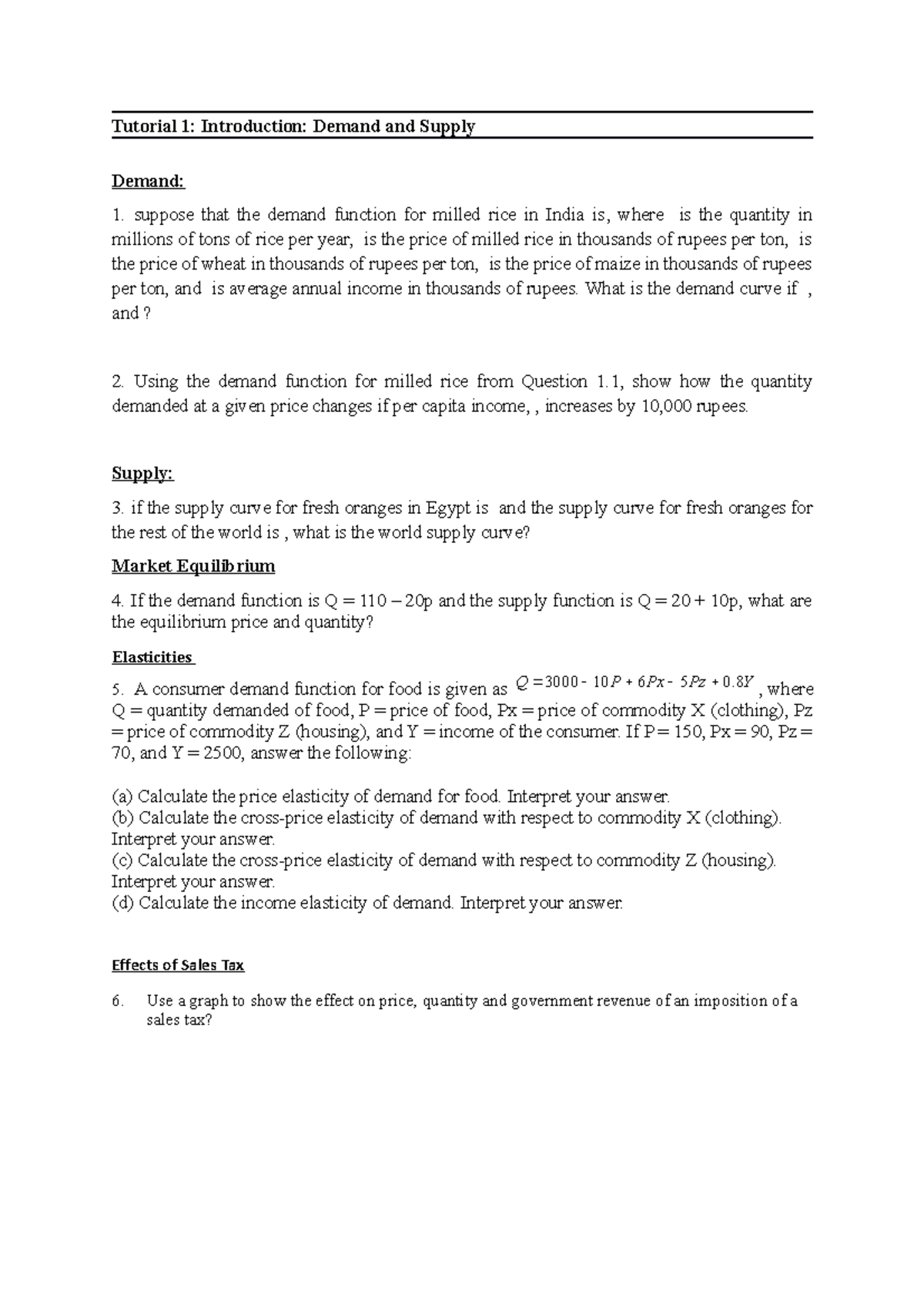 Tutorial 1 - .... - Tutorial 1: Introduction: Demand and Supply Demand ...