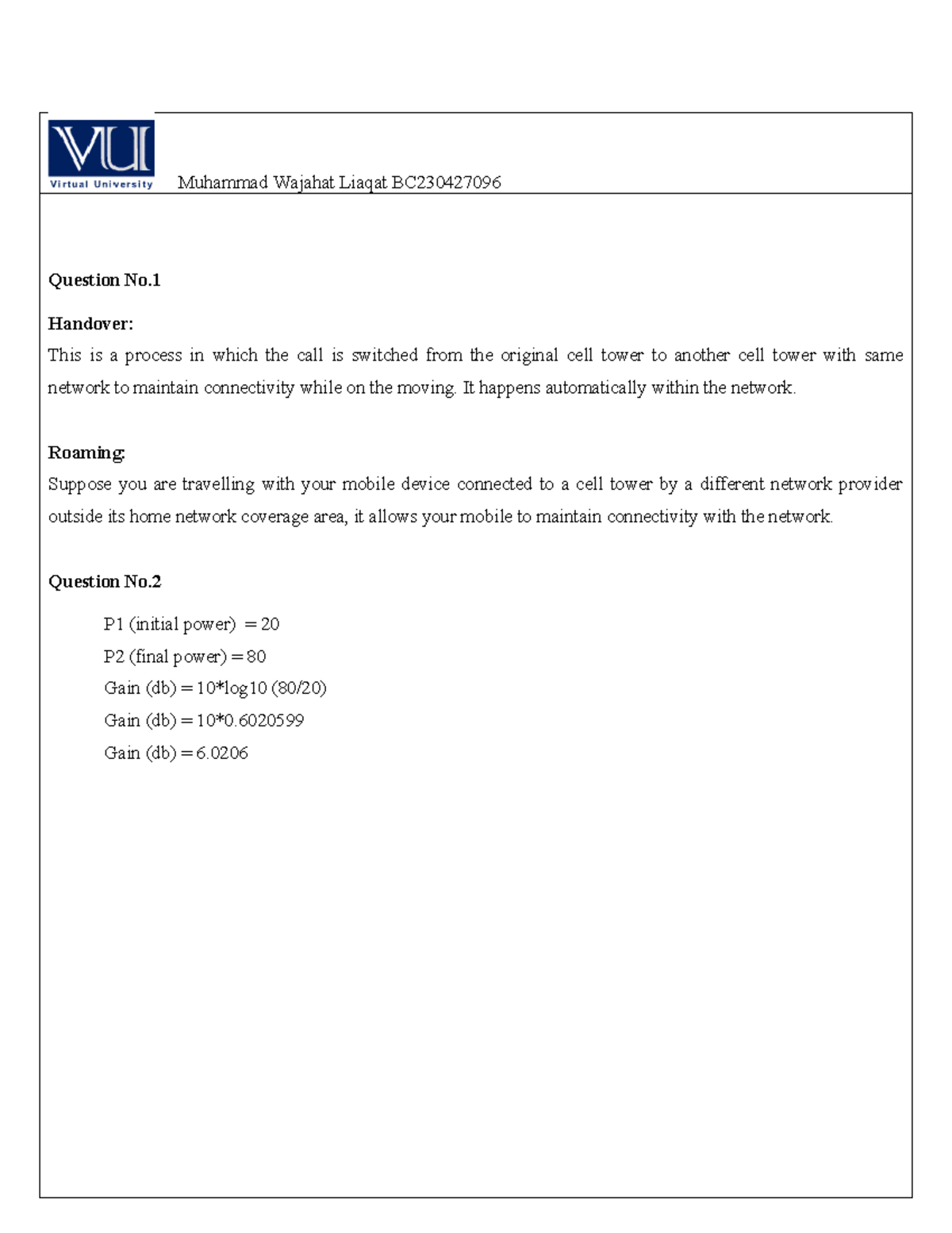 Spring 2024 CS314 1 - new documents - Muhammad Wajahat Liaqat BC Question No. Handover: This is ...