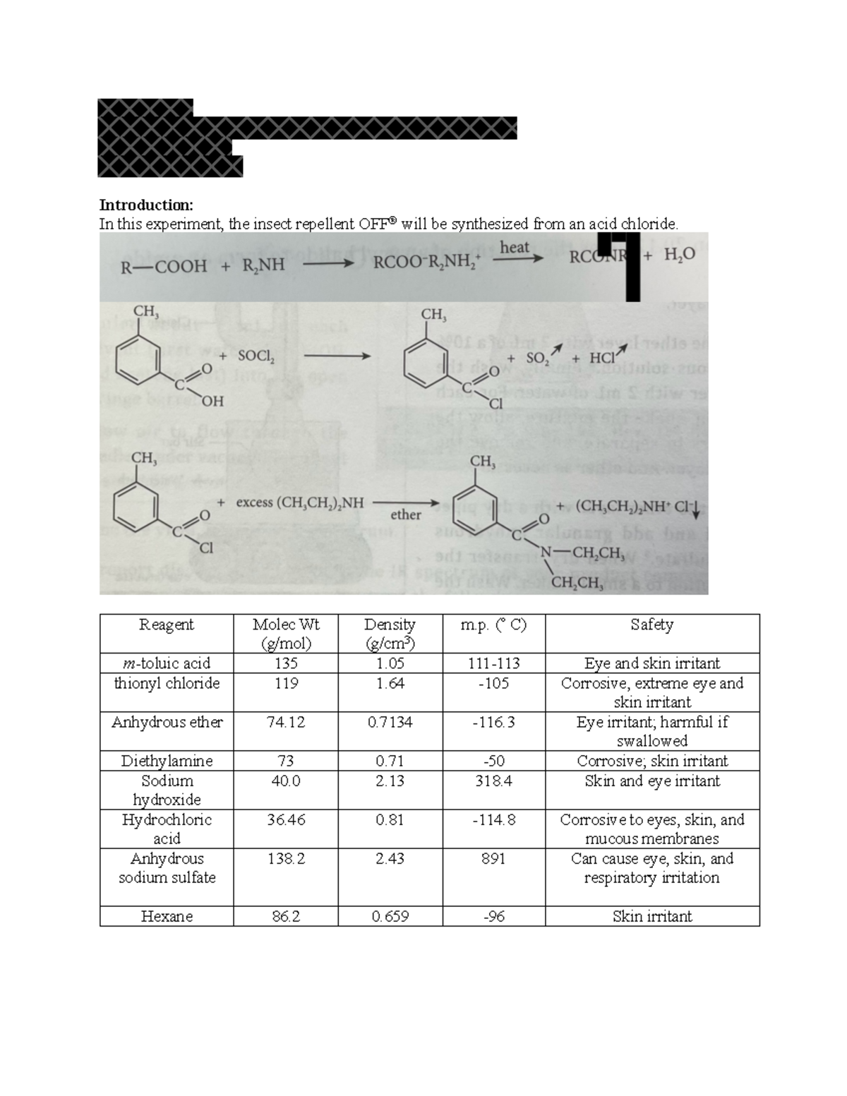 CHM 206 Experiment 12 Lab Report - Introduction: In this experiment, the insect repellent OFF ...