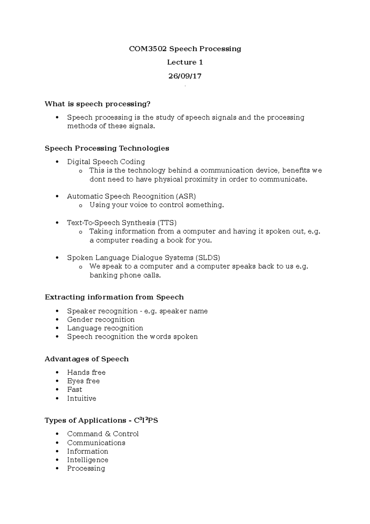 Lecture 1 Speech Processing COM3502 Speech Processing Lecture 1 26