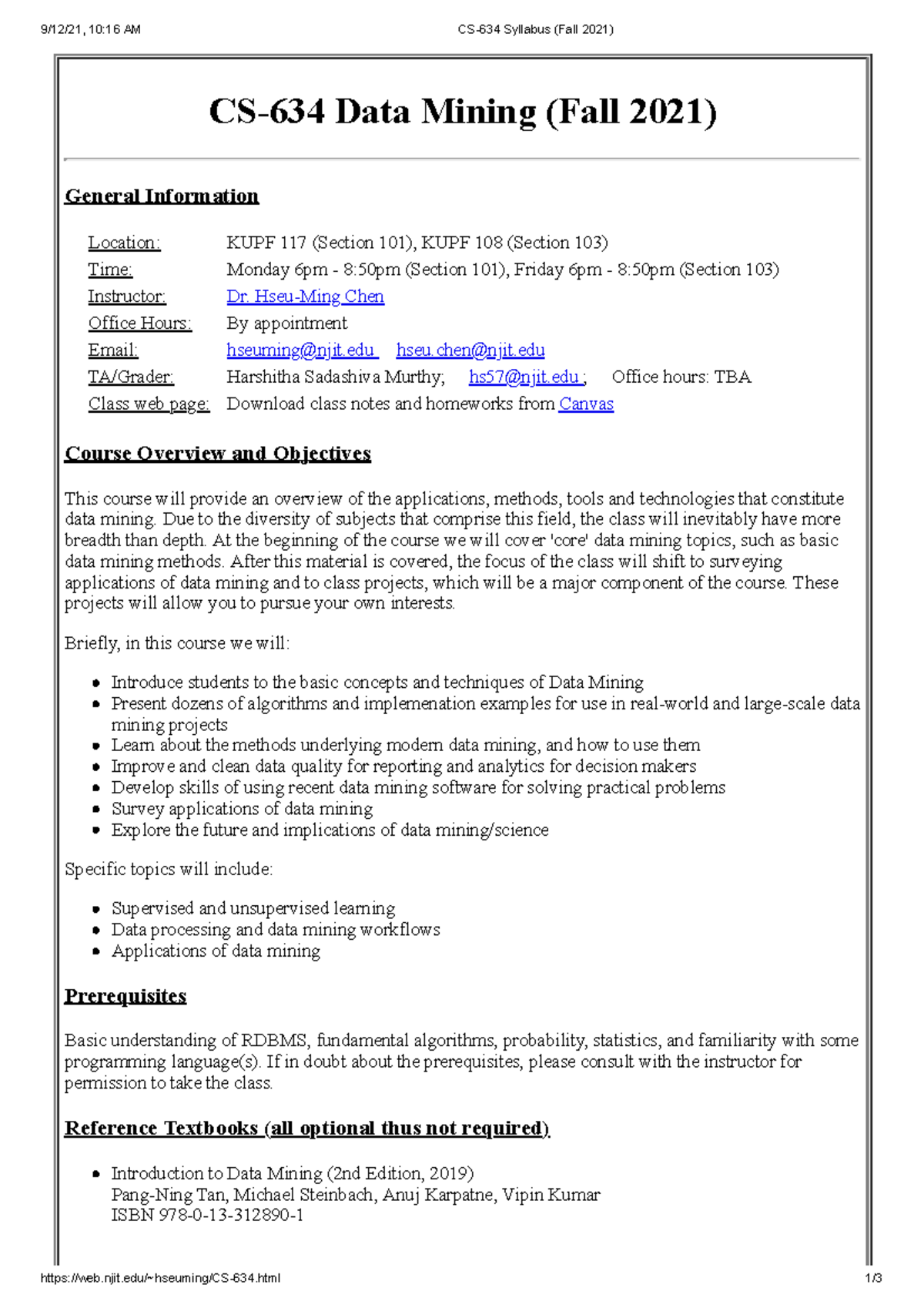 CS-634 Data Mining Syllabus (Fall 2021) - 9/12/21, 10:16 AM CS-634 Syllabus (Fall 2021) - Studocu