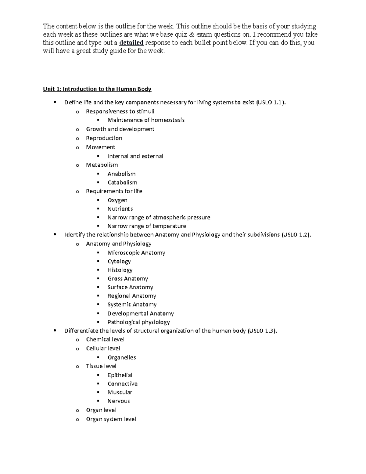 Unit 1 Introduction to the Human Body 4 - The content below is the ...