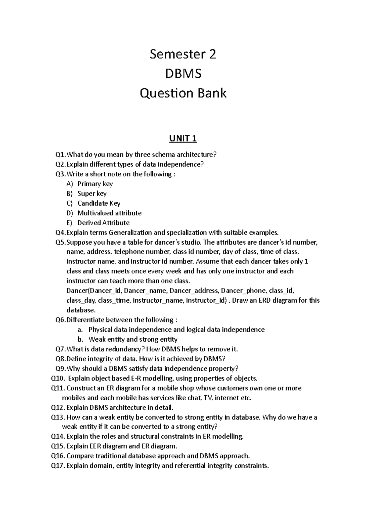 PAPER BANK OF EXTERNALS - Semester 2 DBMS Question Bank UNIT 1 Q1 do ...