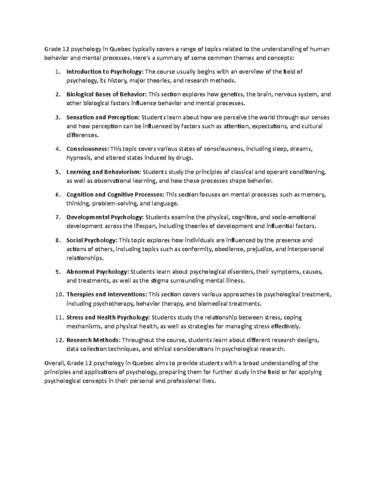 Grade 12 psychology in Quebec - Grade 12 psychology in Quebec typically ...