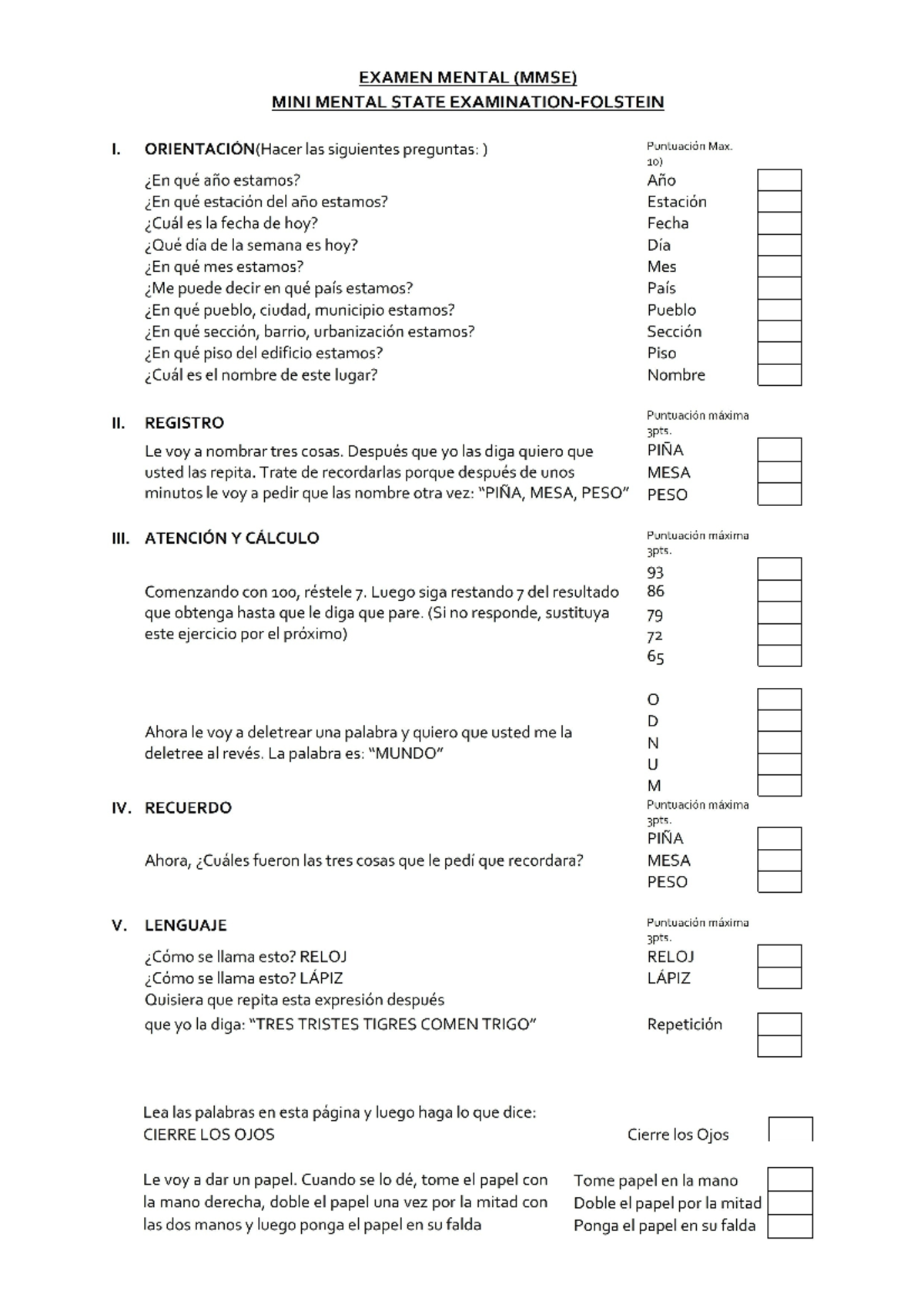 Examen Mental de Folstein - Psicología Clínica - Studocu