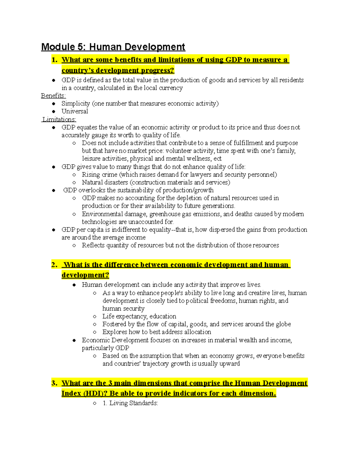International Studies Test 3 Review Guide - Module 5: Human Development ...