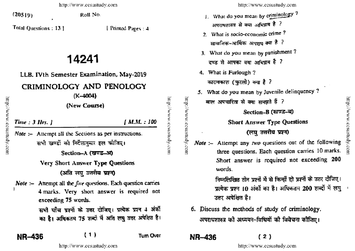 Llb 4 sem criminology and penology 14241 may 2019 - LLB - Studocu