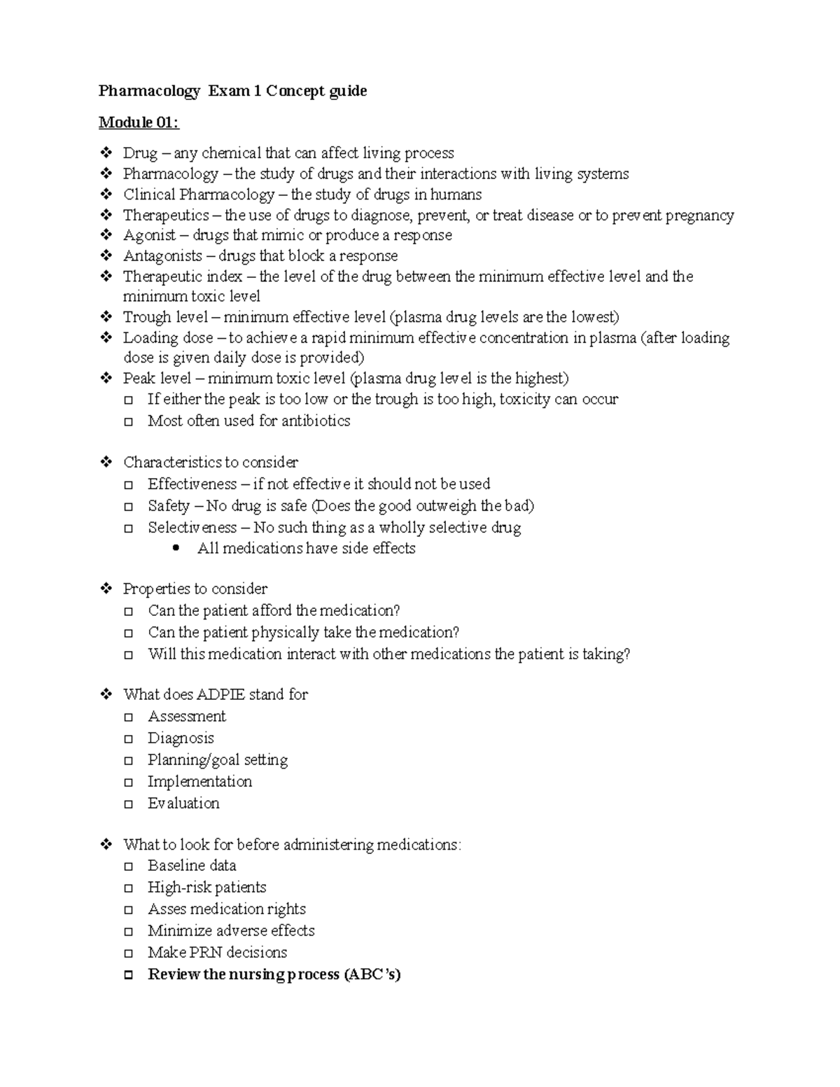 Pharmacology Study Aid Exam 1-updated 10-21 - Pharmacology Exam 1 ...