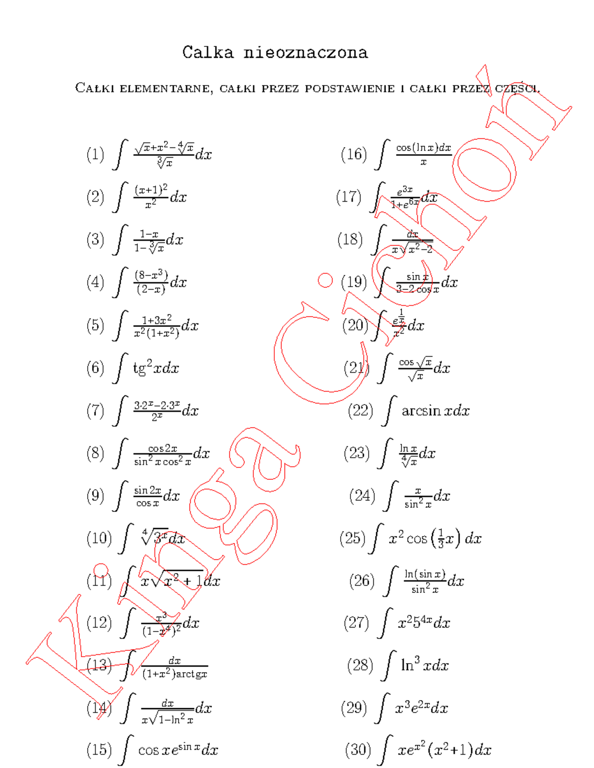 Zipcalkielepodstczesci w - Calka nieoznaczona Calki elementarne, calki ...