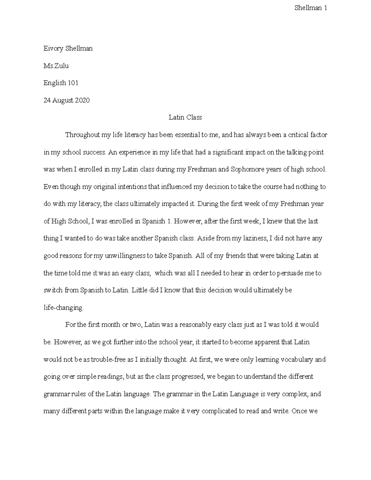 Literacy Narrative - Eivory Shellman Ms English 101 24 August 2020 ...