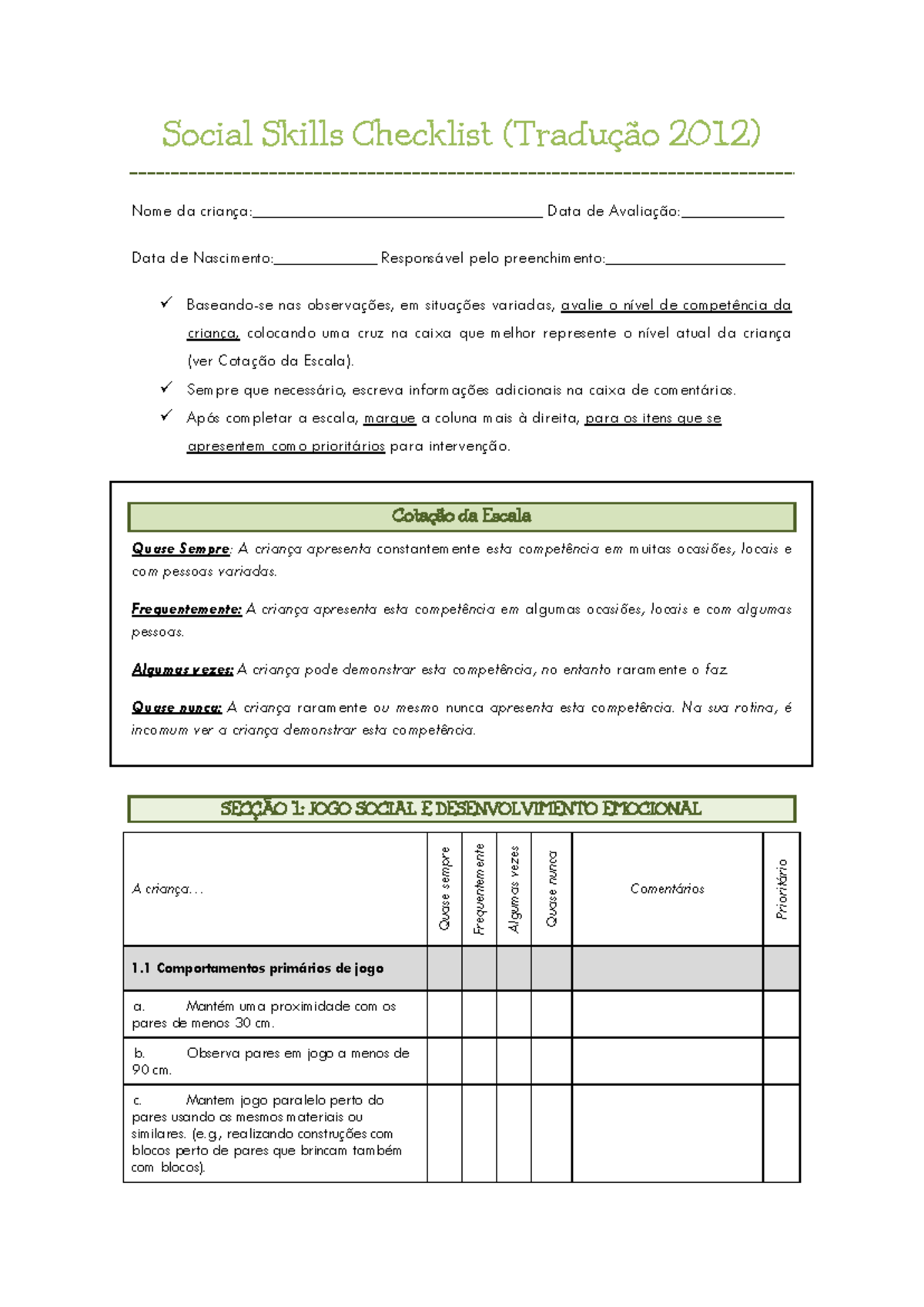 Social skills - Trabalhar habilidades sociais - Social Skills Checklist ...