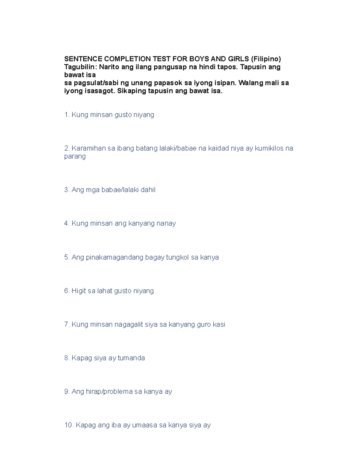 Sentence Completion TEST FOR BOYS AND Girls - SENTENCE COMPLETION TEST ...