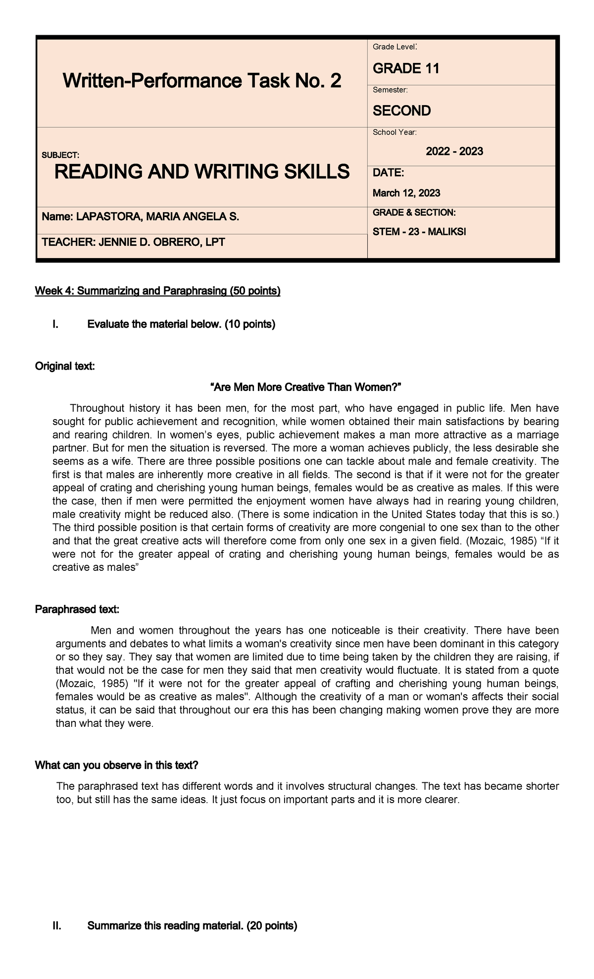 RAWS PT2 - A practice material for senior high school students. - Week 4 : Summarizing and - Studocu