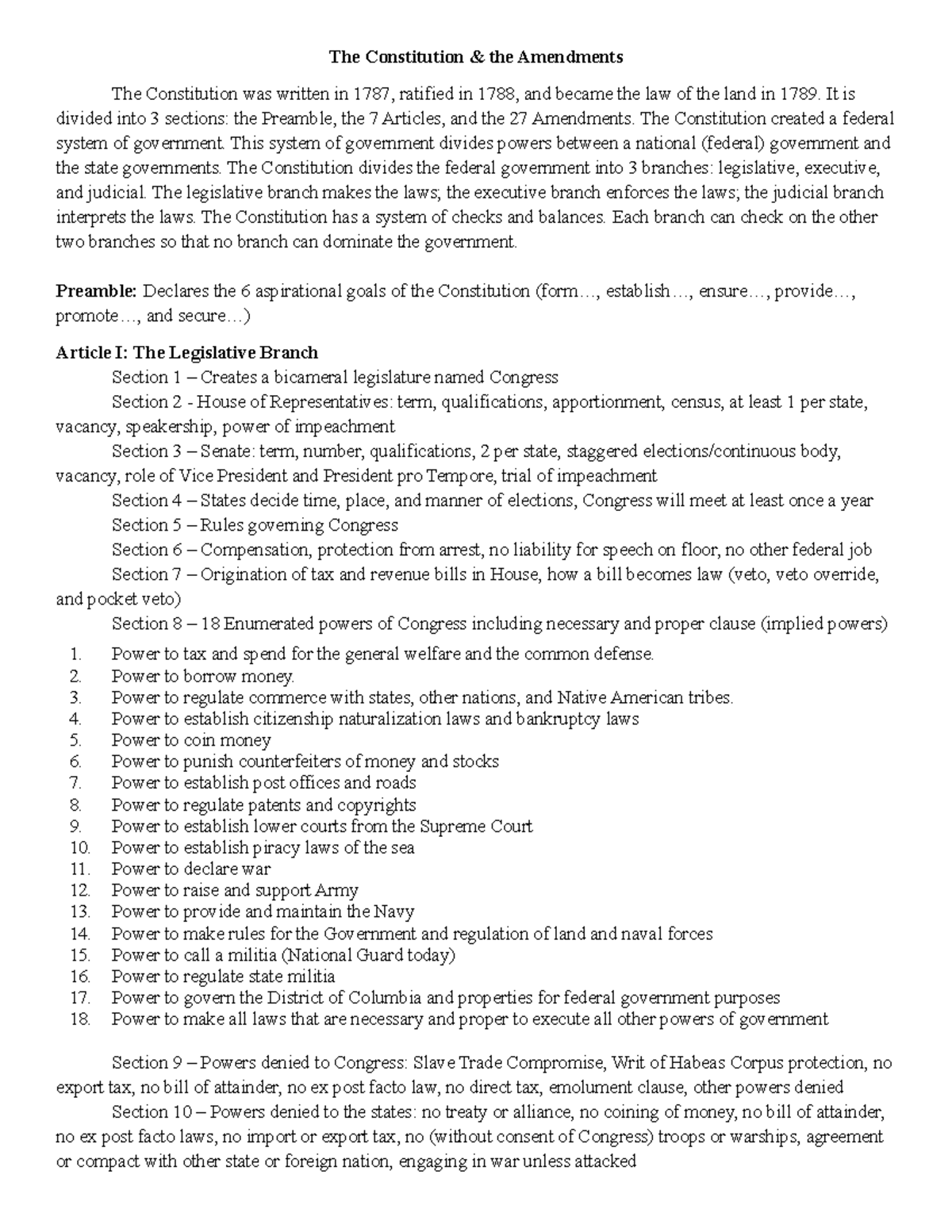 A3-Constitution-Study Guide - The Constitution & the Amendments The ...