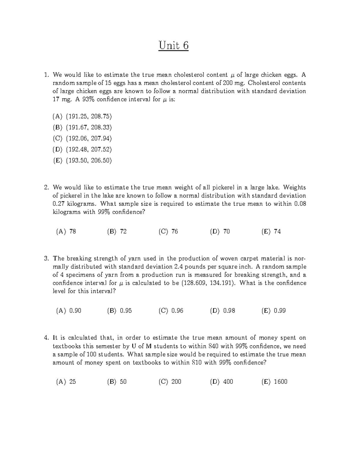 Unit 6 Multiple Choice - Practices for Stastic - Unit 6 We would like ...