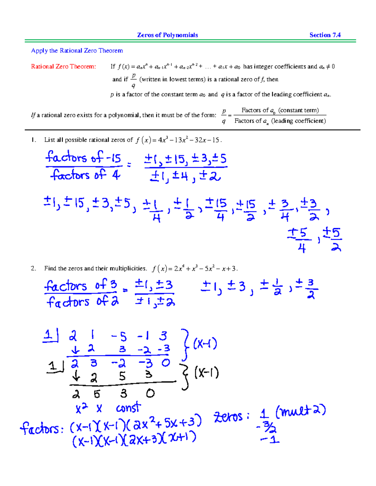 Sec 7.4 Edited - Section 7 notes - Zeros of Polynomials Section 7 ...