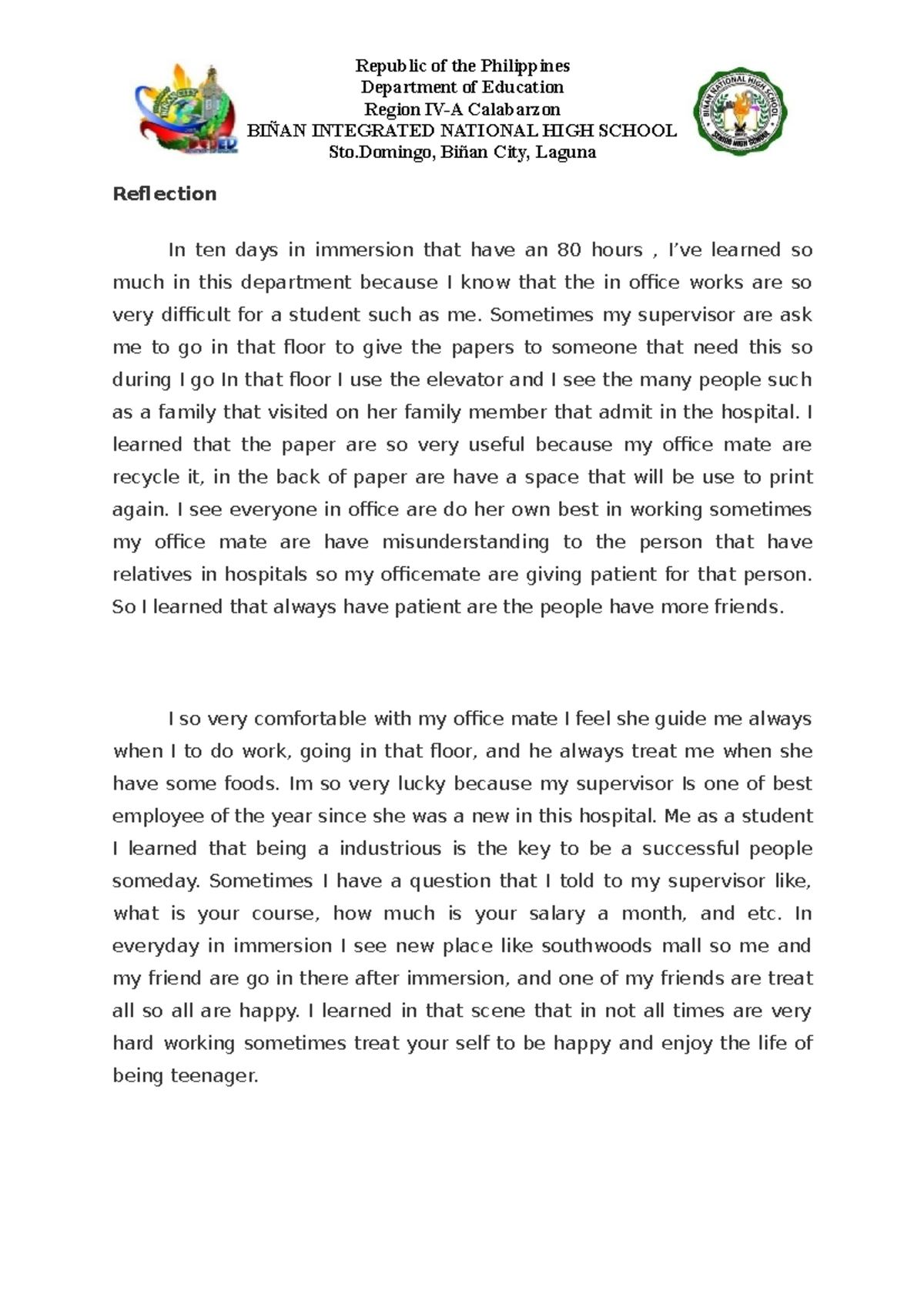 Refelection-Sample-Format - Republic of the Philippines Department of ...